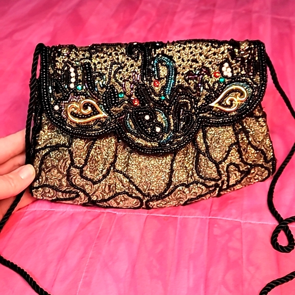 no brand | Bags | Black And Gold Evening Purse With Beads And Faux ...